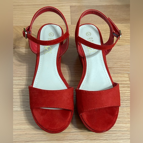 Rouge Helium | Shoes | Rouge Helium Red Wedge Platform Sandals In Suede ...